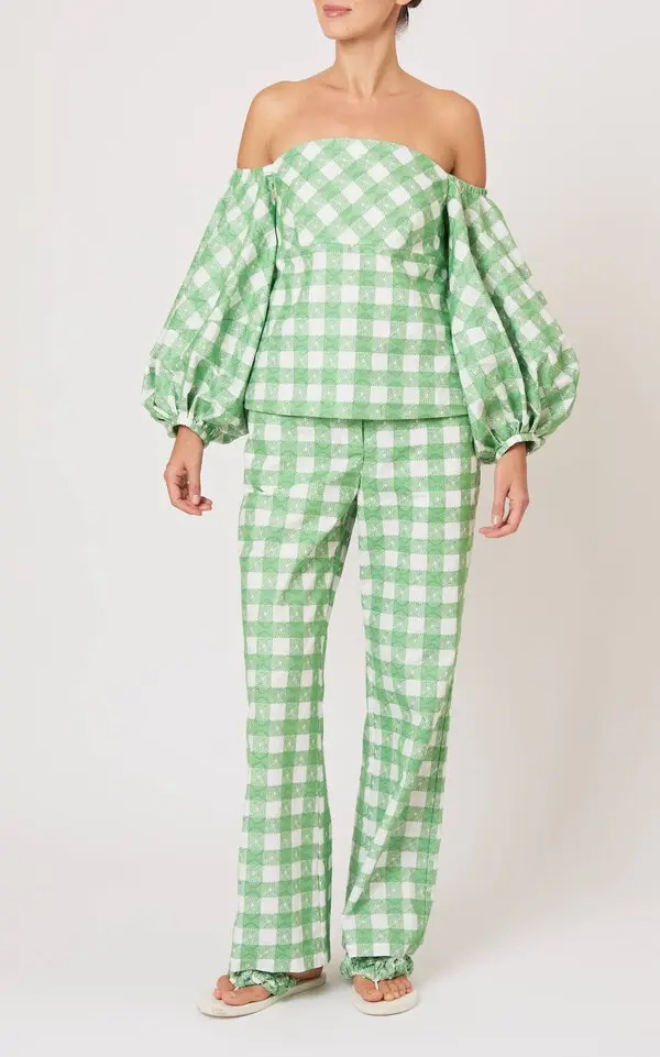 Rosie Assoulin Empire Balloon Sleeve Embroidered Gingham Blouse