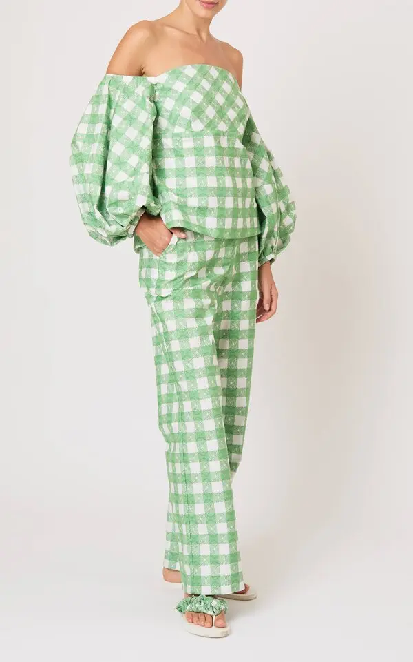 Rosie Assoulin Empire Balloon Sleeve Embroidered Gingham Blouse