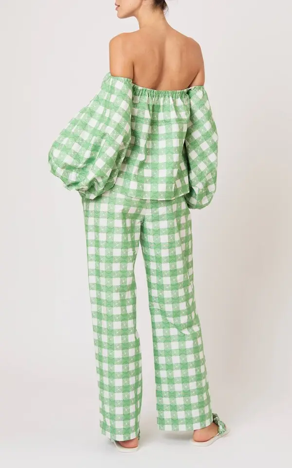 Rosie Assoulin Empire Balloon Sleeve Embroidered Gingham Blouse