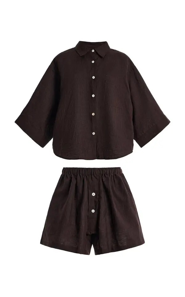 DEIJI STUDIOS 03 Striped Linen Short Set - Brown