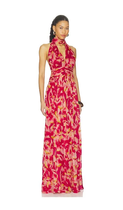 Rococo Sand Ruched Sash Maxi Dress In Red