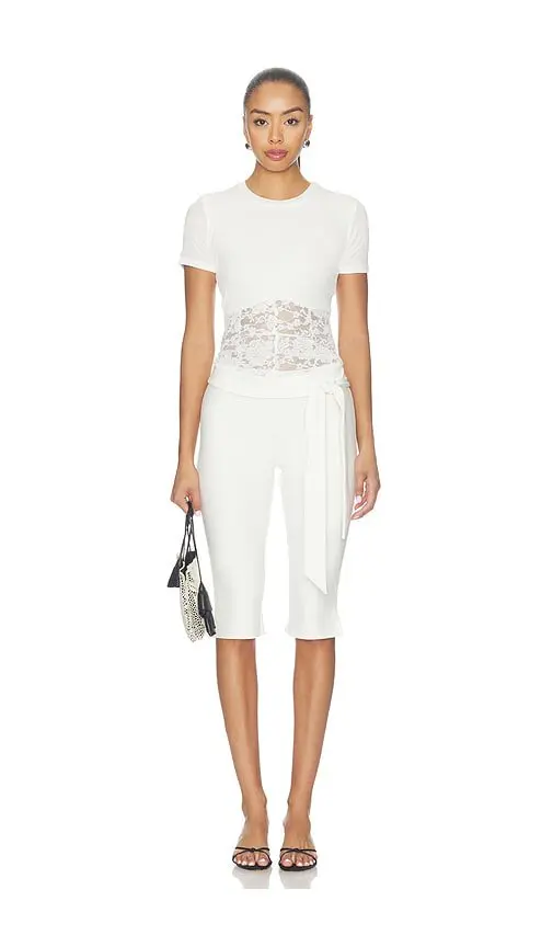 Michael Lauren Ribbed Lace Short Sleeve Top