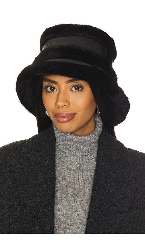 Jocelyn Faux Mink & Leather Bucket Hat - Black
