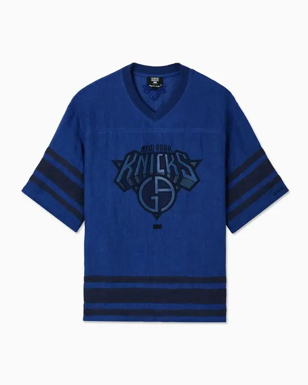 Giorgio Armani Linen T-shirt With Striped Edges And Kith For Knicks Logo - Blue