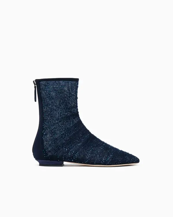 Giorgio Armani Ankle Boots With Tulle And Rhinestones - Blue