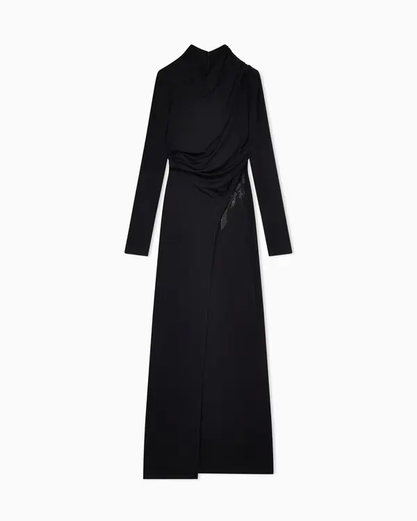 Giorgio Armani Long Dress In Stretch Viscose Jersey With Rhinestone Embellishment - Black