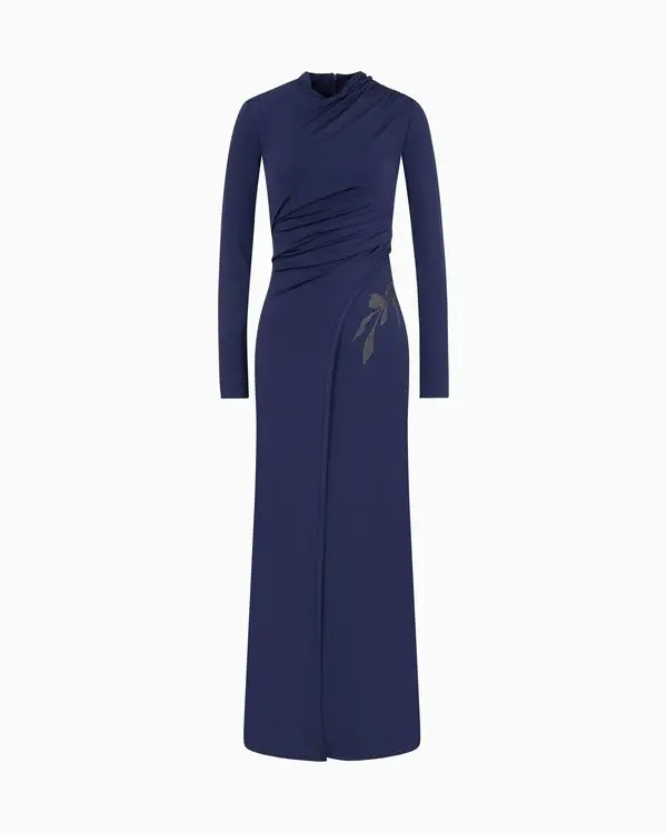 Giorgio Armani Long Dress In Stretch Viscose Jersey With Rhinestone Embellishment - Blue