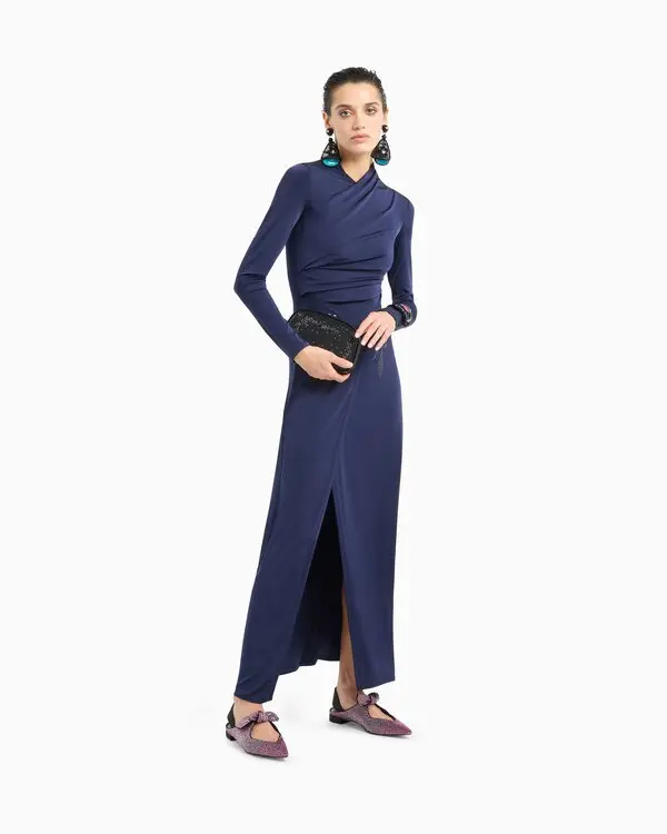 Giorgio Armani Long Dress In Stretch Viscose Jersey With Rhinestone Embellishment - Blue