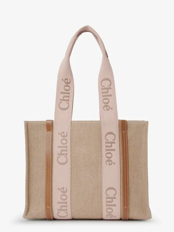 Chloé Woody Linen Shoulder Bag With Embroidered Logo - Beige