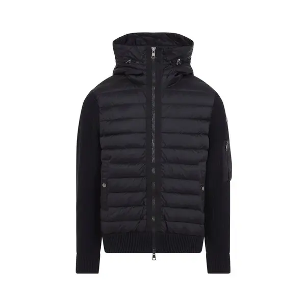 Moncler Quilted Down-filled Front Cardigan With Wool Sleeves - Black
