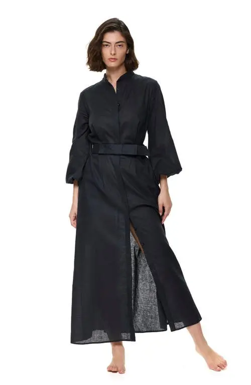 GOTTEX Modern Muse Belted Button Up Linen Dress Cover-up - Black