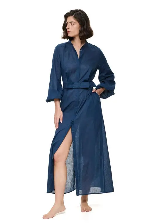 GOTTEX Modern Muse Belted Button Up Linen Dress Cover-up - Dark Azure