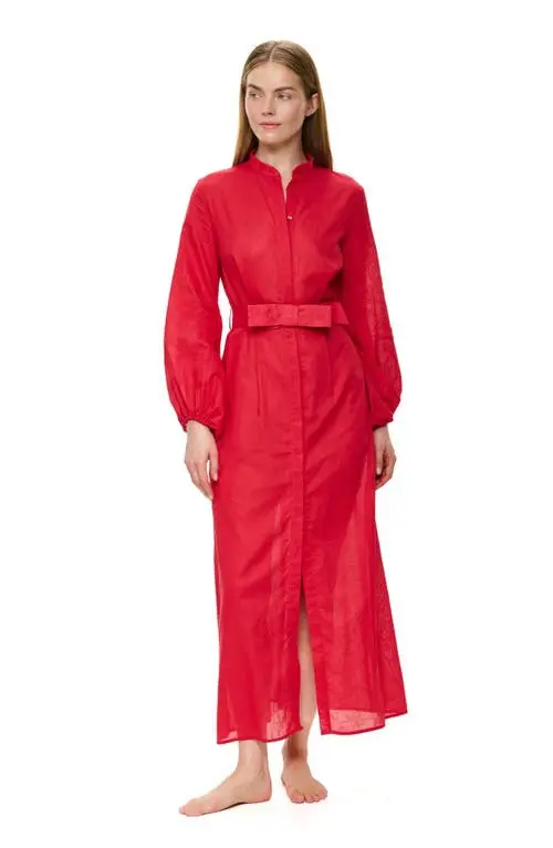 GOTTEX Modern Muse Belted Button Up Linen Dress Cover-up - Red