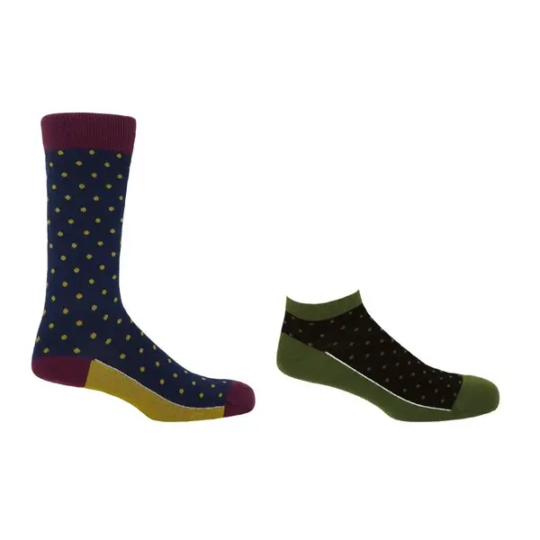 PEPER HAROW - MADE IN ENGLAND Pin Polka Luxury Denim Crew & Khaki Trainer Men’s Socks Bundle - Green