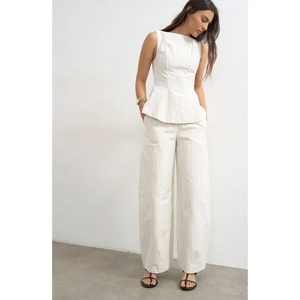 Topshop Striped Barrel Leg Pants - White