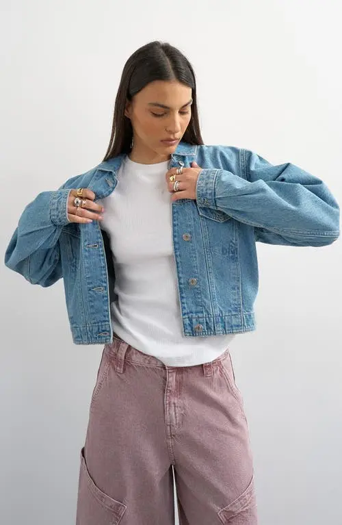 Topshop Cropped Padded Denim Jacket - Lblue