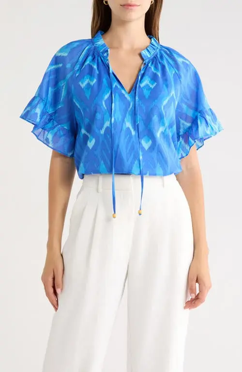 SUGARLIPS Carys Erie Abstract Cotton Split Neck Top - Blues-multi