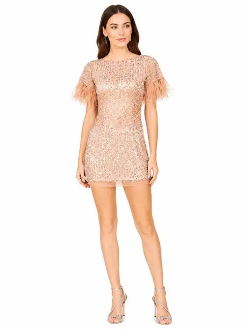 LARA NEW YORK Short Sleeve Cocktail Dress With Feathers And Beading - Champagne