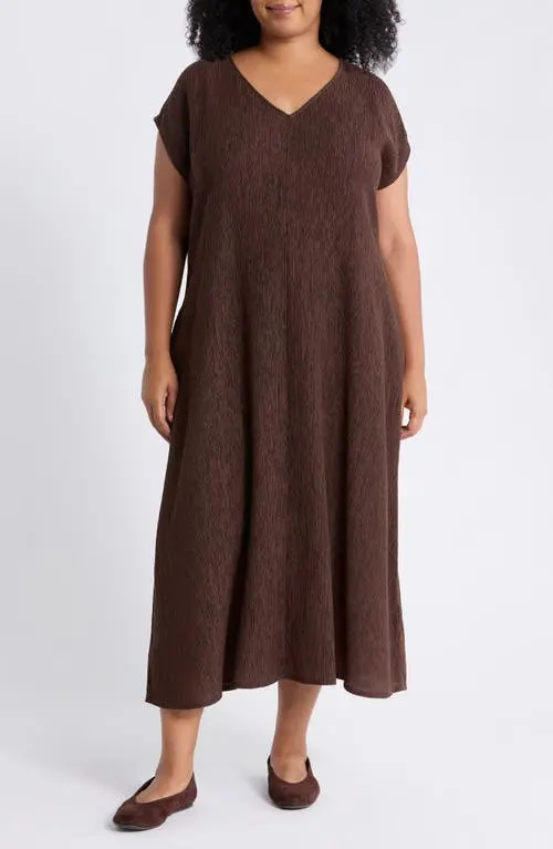 Eileen Fisher V-neck Cap Sleeve Crinkle Dress - Truffle