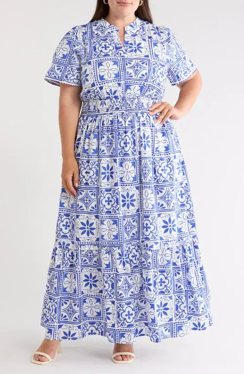 SUGARLIPS Arbor Belraj Floral Tile Cotton Poplin Maxi Dress - Blue/white