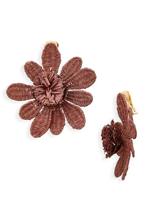 Oscar De La Renta Large Flower Woven Raffia Clip-on Earrings - Mauve