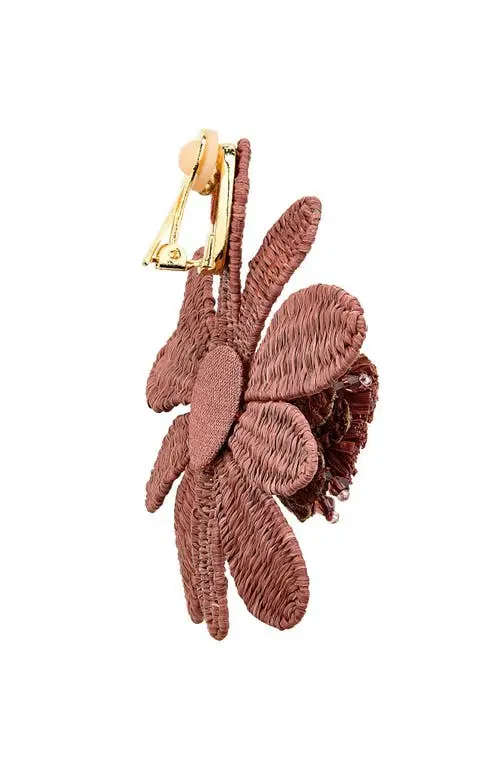 Oscar De La Renta Large Flower Woven Raffia Clip-on Earrings - Mauve