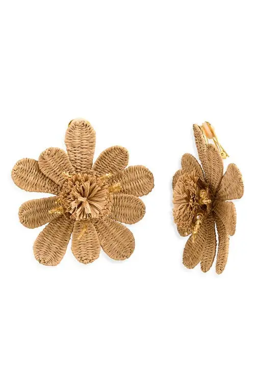Oscar De La Renta Large Flower Woven Raffia Clip-on Earrings - Natural