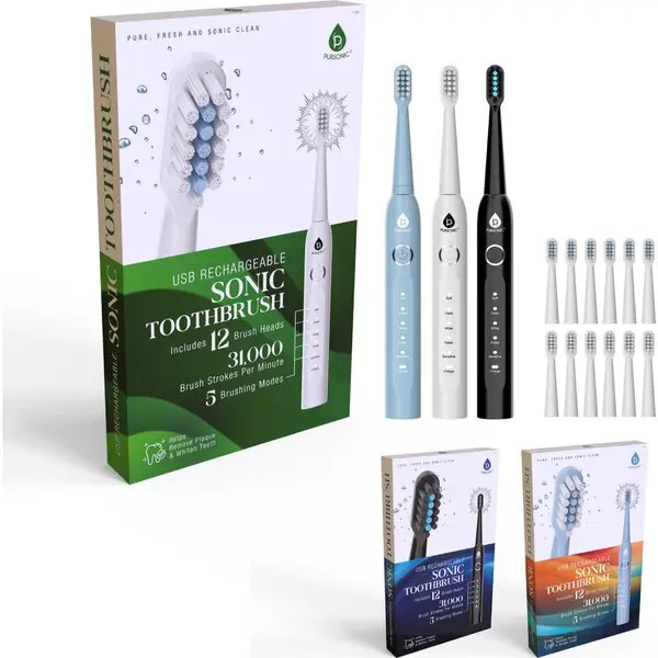 PURSONIC Usb Rechargeable Sonic Toothbrush With 12 Brush Heads - Black