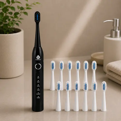 PURSONIC Usb Rechargeable Sonic Toothbrush With 12 Brush Heads - Black