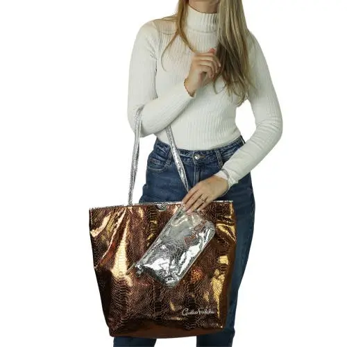Carlos Falchi Microfiber Python Tote - Copper