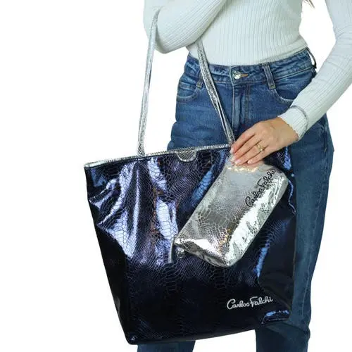 Carlos Falchi Microfiber Python Tote - Navy