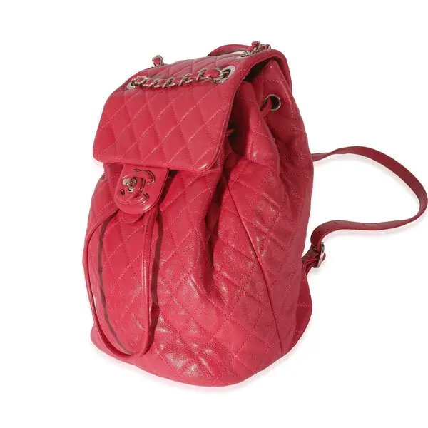 Chanel Red Quilted Calfskin Covered Cc Drawstring Backpack - Pink