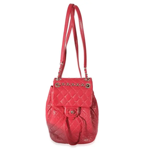 Chanel Red Quilted Calfskin Covered Cc Drawstring Backpack - Pink