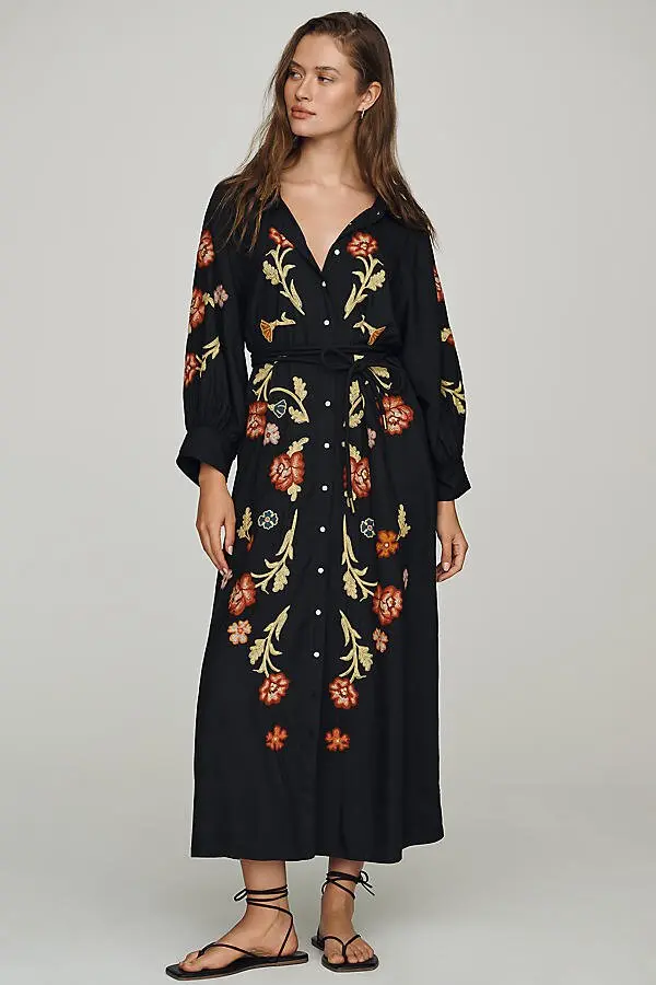 The Great. Embroidered Midi Dress - Black