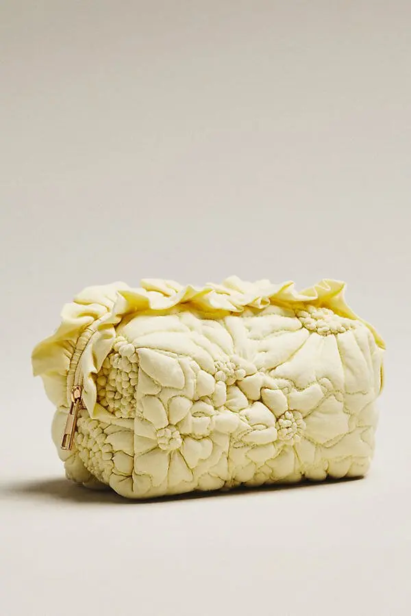 Anthropologie Dahlia Quilted Cotton Travel Cosmetic Pouch - Neutral