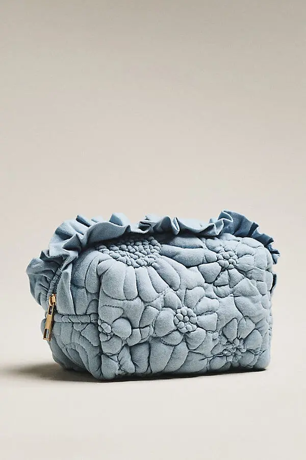 Anthropologie Dahlia Quilted Cotton Travel Cosmetic Pouch - Slate