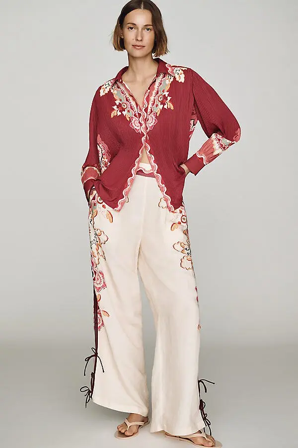 RANNA GILL Embroidered Wide-leg Pants