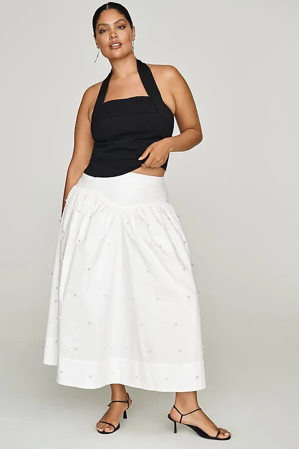 English Factory Drop-waist Floral Skirt - White