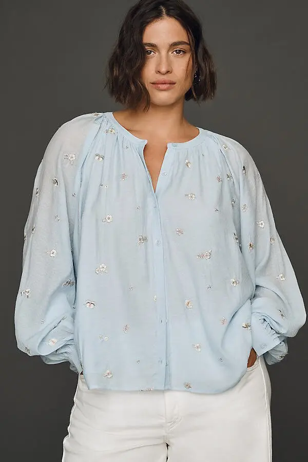 English Factory Embroidered Top - Light Blue