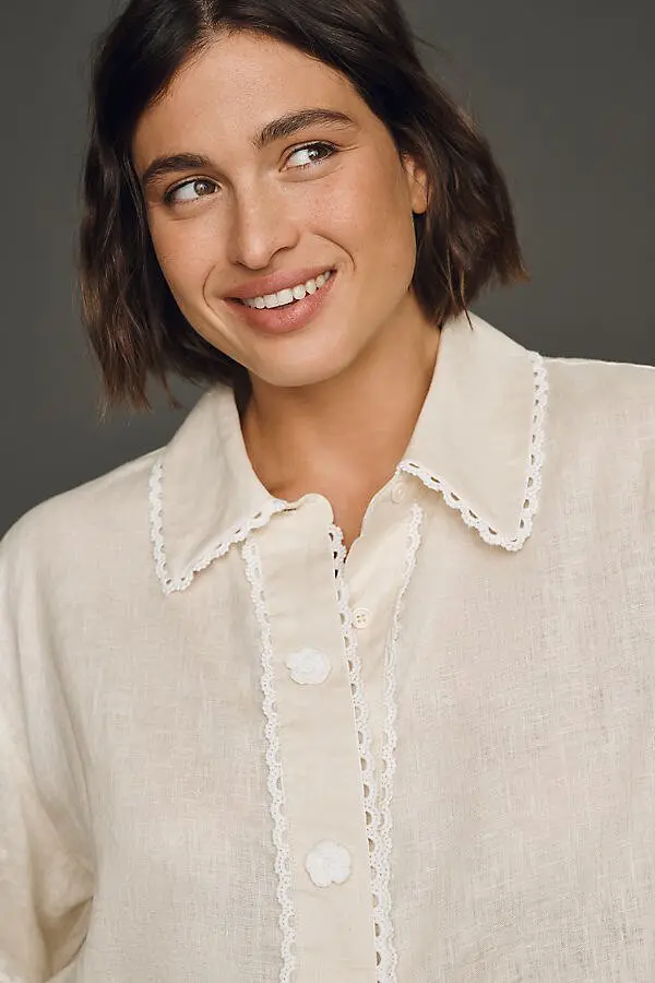 English Factory Linen Buttondown Shirt With Scalloped Crochet Trim