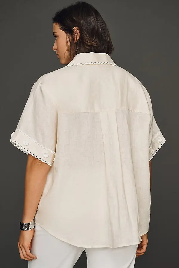 English Factory Linen Buttondown Shirt With Scalloped Crochet Trim