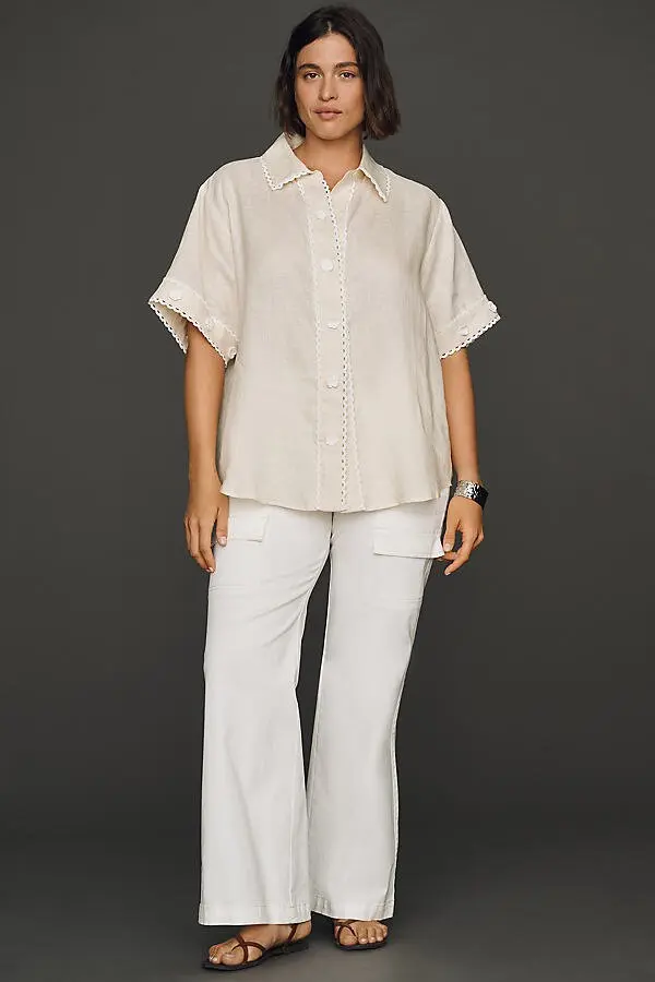 English Factory Linen Buttondown Shirt With Scalloped Crochet Trim