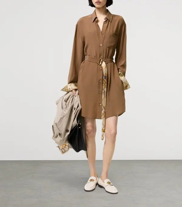 Burberry Silk Crepe De Chine Mini Shirt Dress With Charm Print Belt - Brown