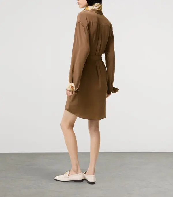 Burberry Silk Crepe De Chine Mini Shirt Dress With Charm Print Belt - Brown