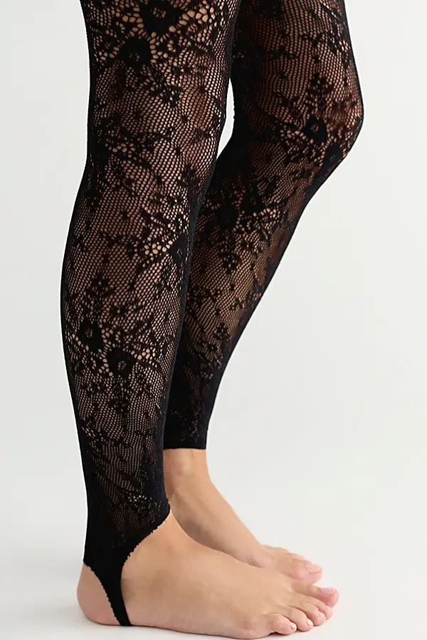 Free People Rosa Lace Stirrup Tights - Black