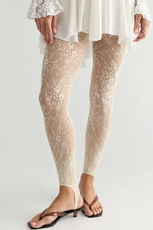 Free People Rosa Lace Stirrup Tights - Ivory