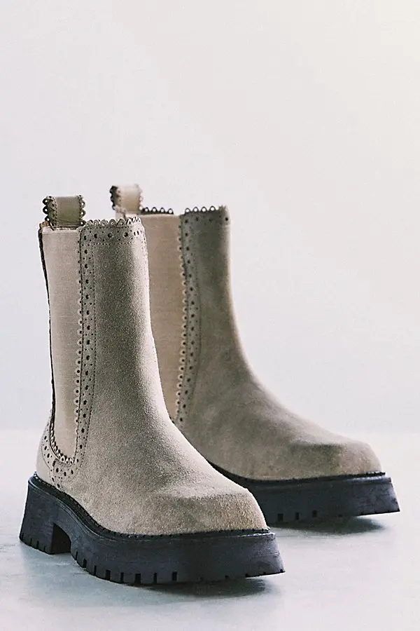 Free People Brogue Chelsea Boots - Stone Leather/suede