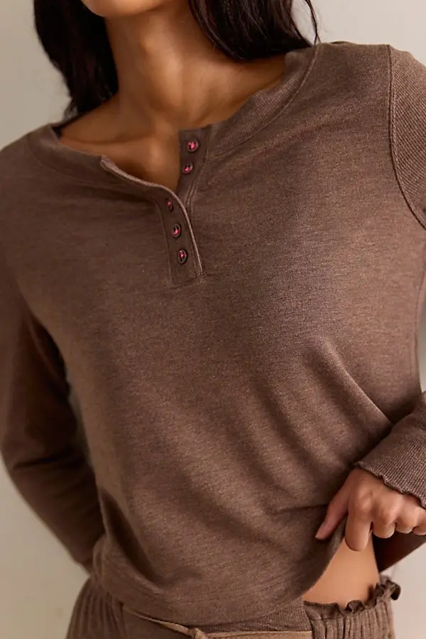 Free People Dream State Henley Top - Brown Heather