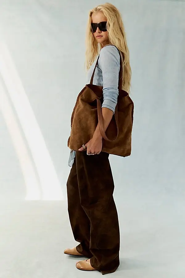 Free People Suede Tote Bag With Contrasting Straps - Biscuit
