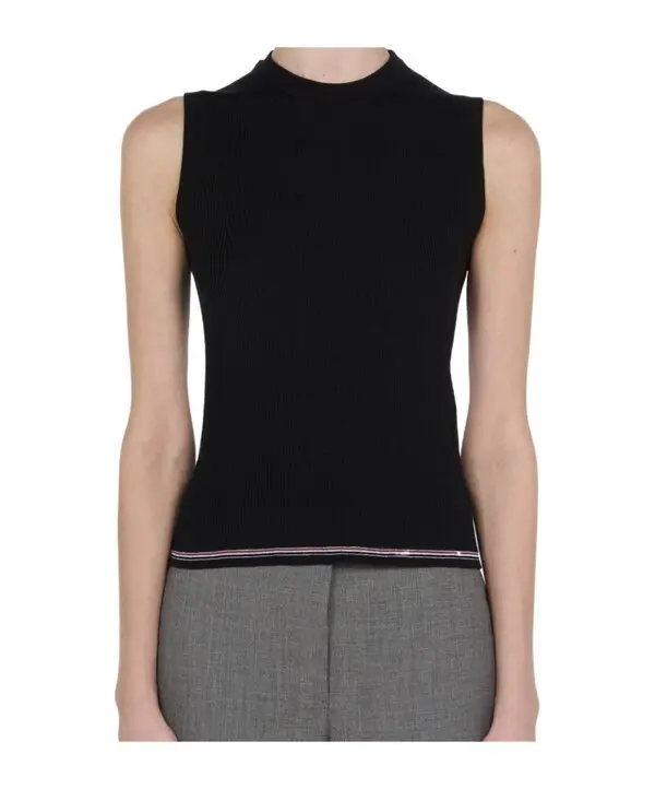 Thom Browne Rwb Stripe Ribbed Top - Black